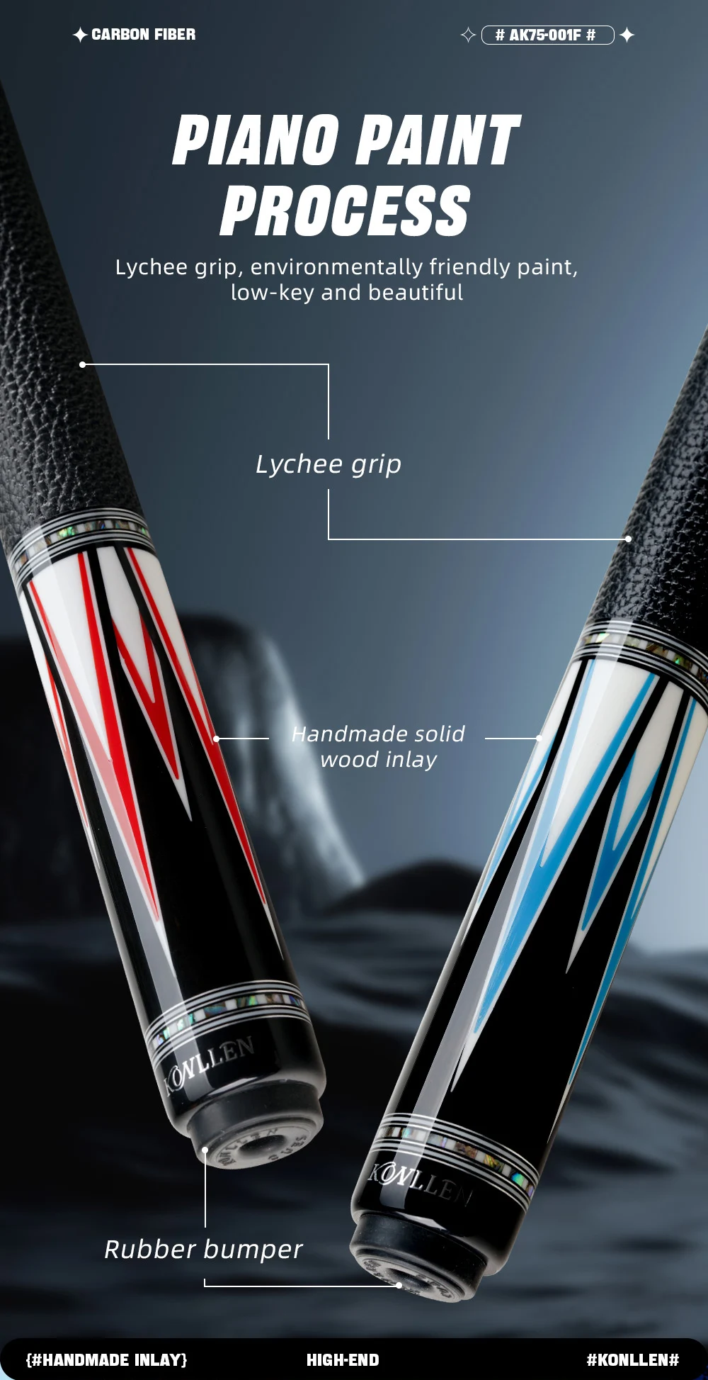 Handmade High Quality Carbon Fiber Pool Cue Abalone Shell Inlaid Grip ...