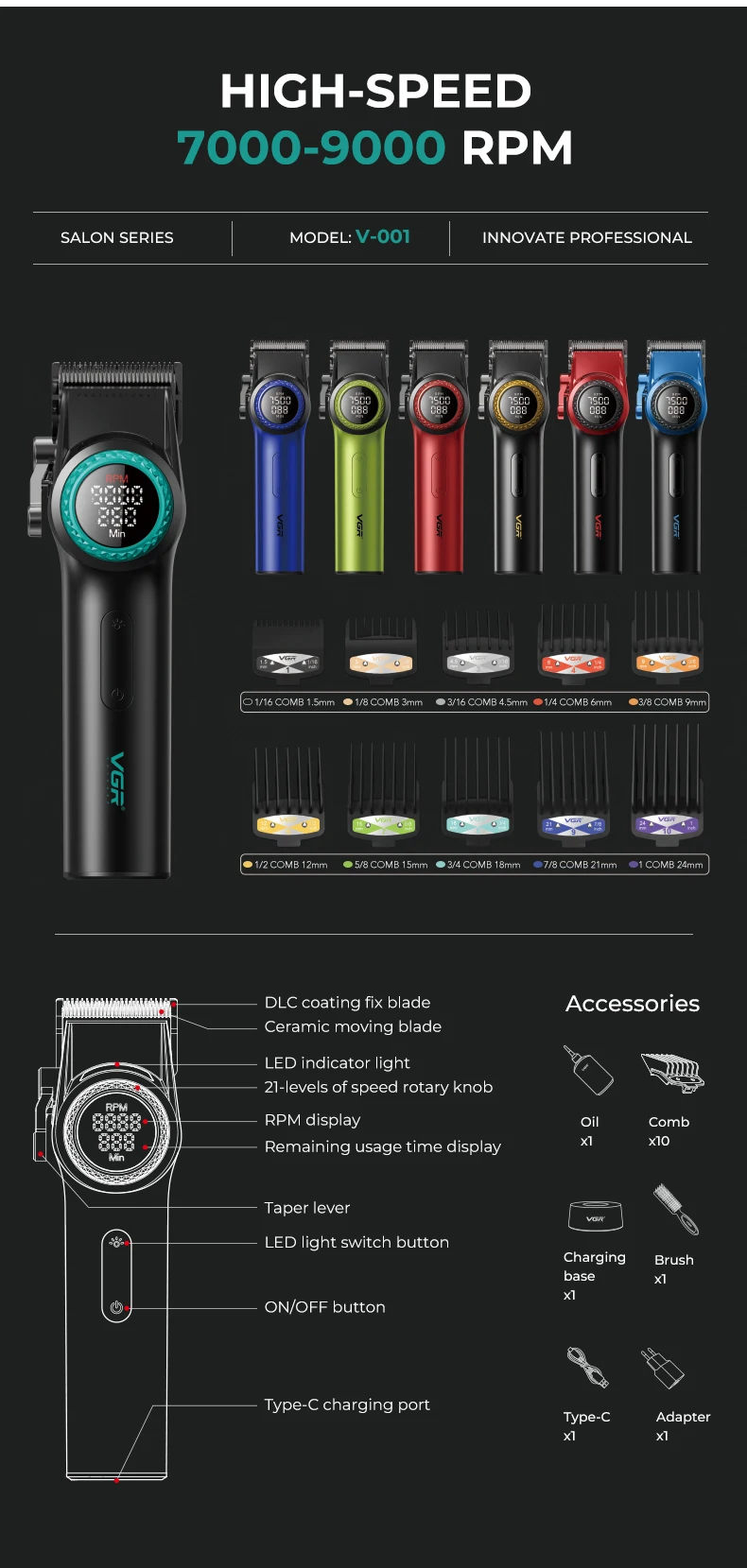 VGR V-001 DLC Blade Hair Clipper - Professional & Rechargeable