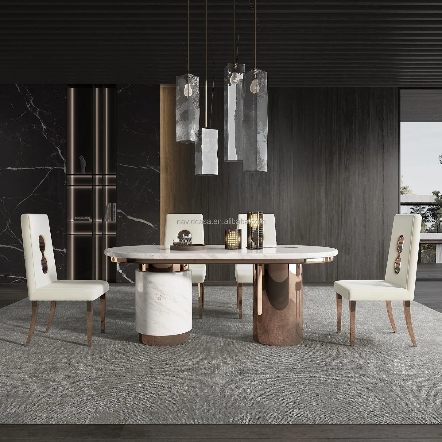 Modern Rose Gold Dining Table Set - 8 Seater Dining Room Set - Oem