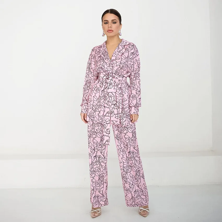 Spring Summer Feather Print Floral Drawstring Robe for Women