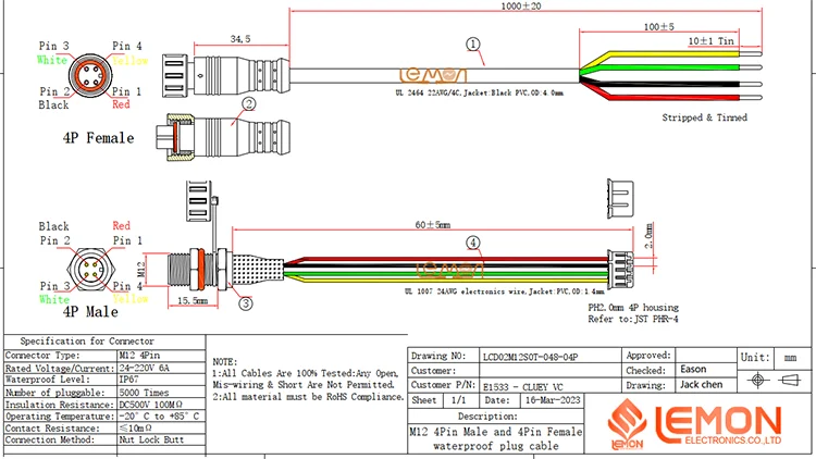 M12 Waterproof Panel Mount Connector - IP67 IP68 2pin 3pin 4pin