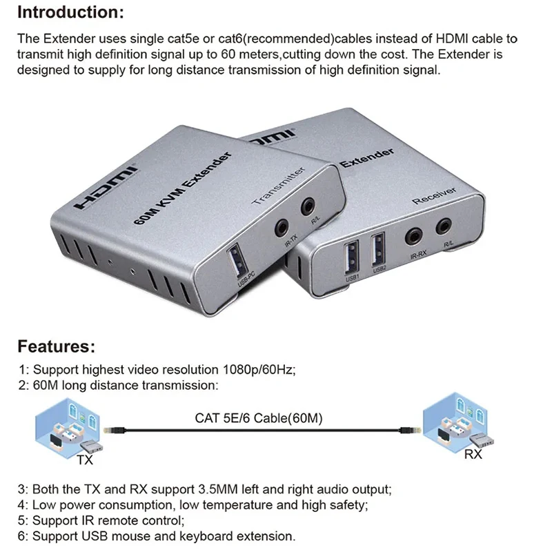 60M HDMI KVM Extender - 1080P Video Audio Ethernet Solution