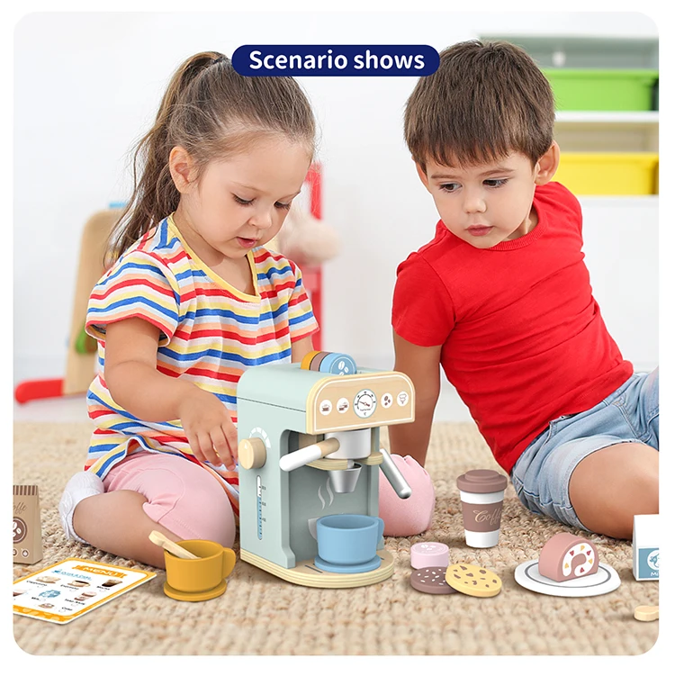 Wooden Pretend Play Coffee Machine Breakfast Bread Milk Set Children's ...