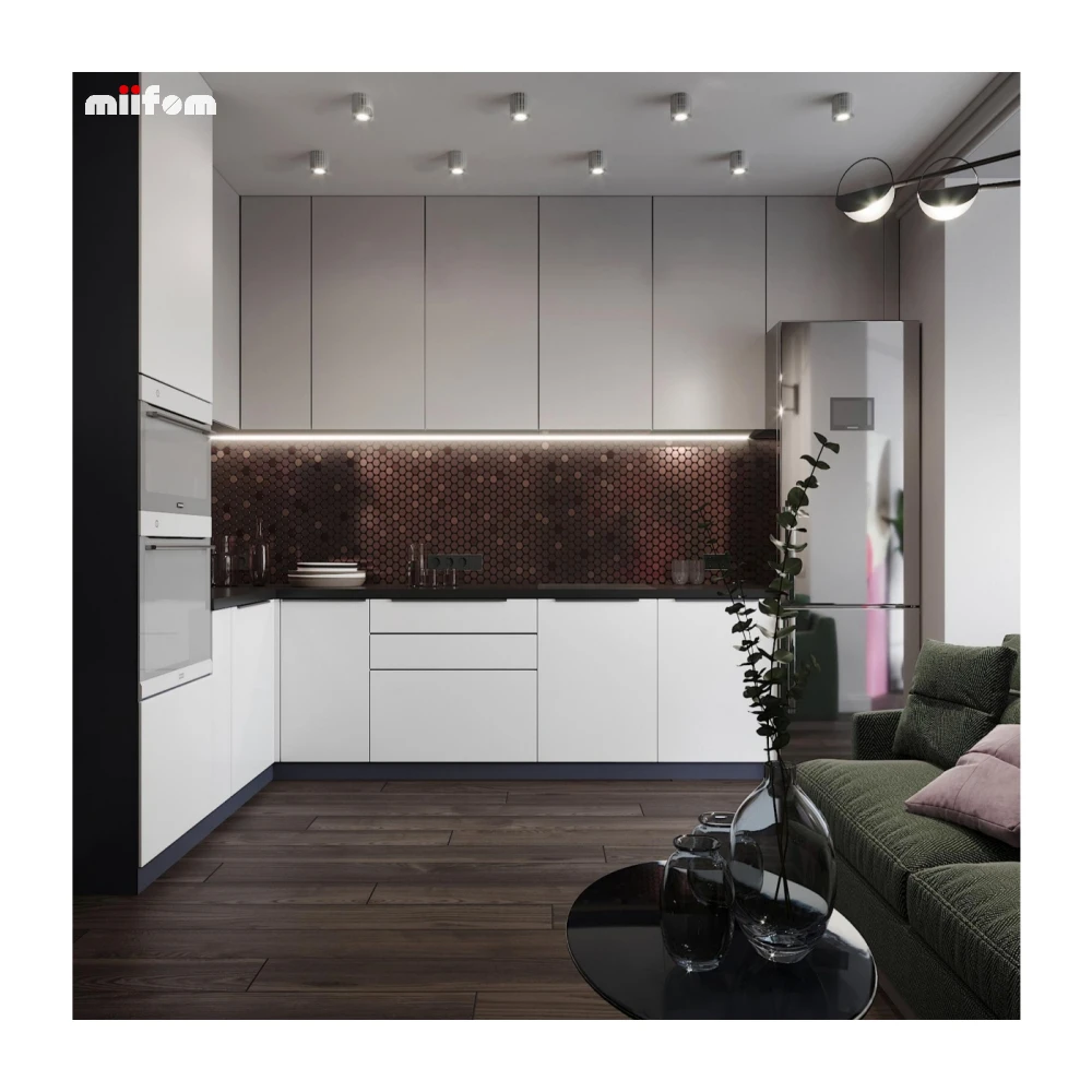 White Simple L-shaped Melamine Custom Kitchen Cabinets Based Decorative ...