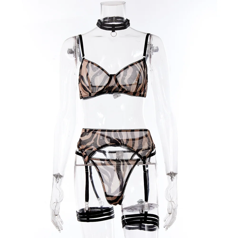 Sexy Lingerie Woman 3 Pieces Zebra Print Fine Lingerie Sheer Lace