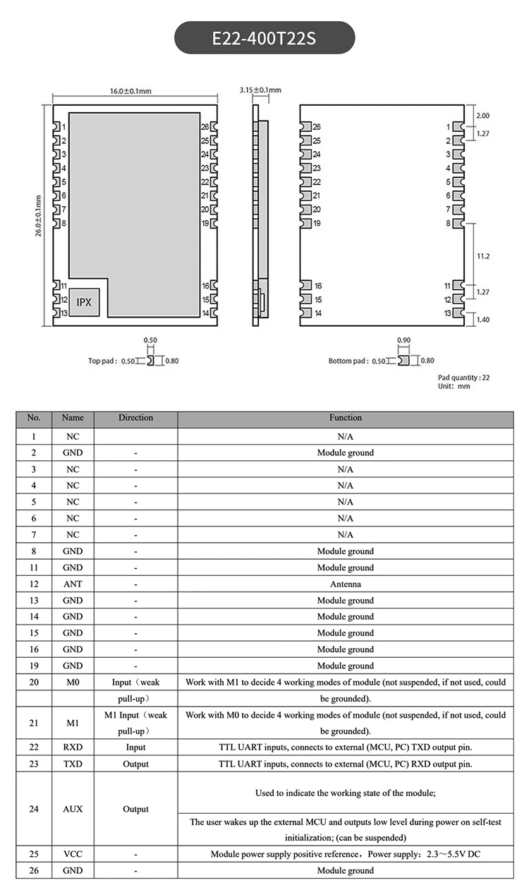 Ebyte E22 400t22s Semtech Sx1268 Uart 5km Range 433mhz 22dbm Smd 16 26mm Ce Rohs Fcc Tcxo Lora