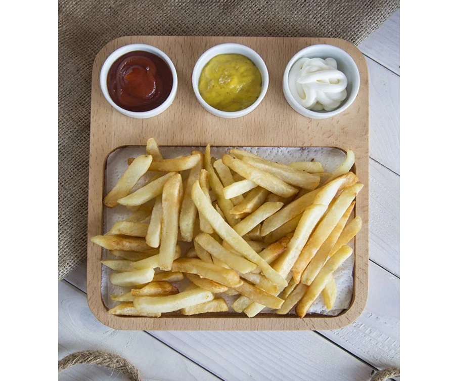 Wooden Chips and Dip Serving Platter with 3 Porcelain Sauce Bowls Snack ...
