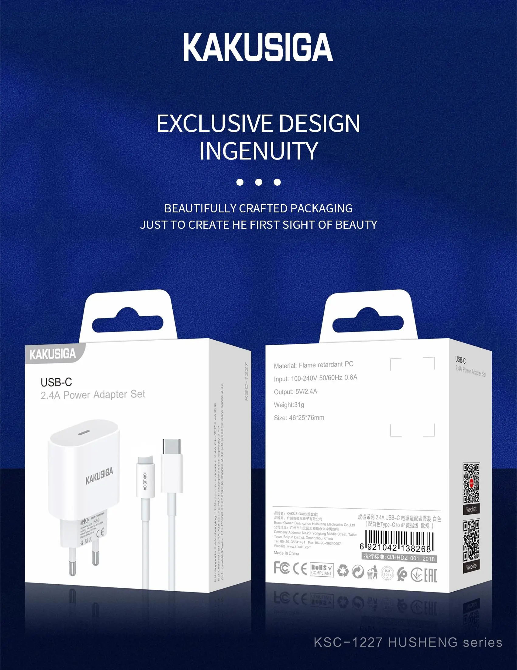 Kakusiga 2.4a Usb-c Power Adapter Set Eu Standard Type-c To Ip Data ...