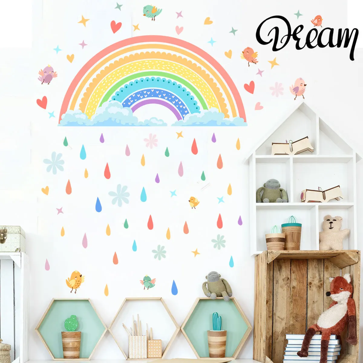Cartoon Rainbow Stars Raindrops Birds Wall Stickers Children's Rooms ...