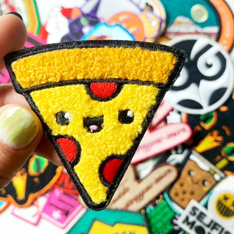 Custom Heat Press Transfer Chenille Applique Patches Embroidered Pizza Iron On Custom Chenille ...