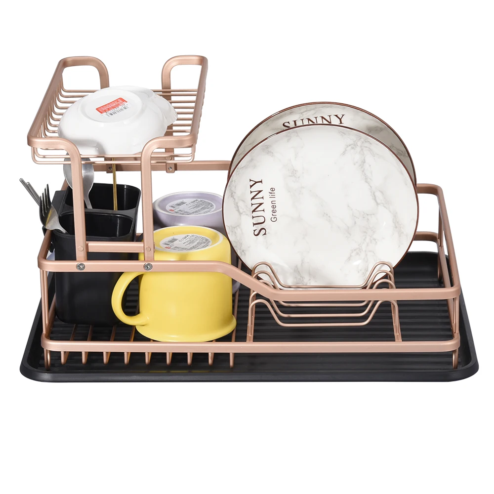 Kitchen Rose Gold Dish Rack Aluminum 2 Layer Dish Rack Organizer With ...