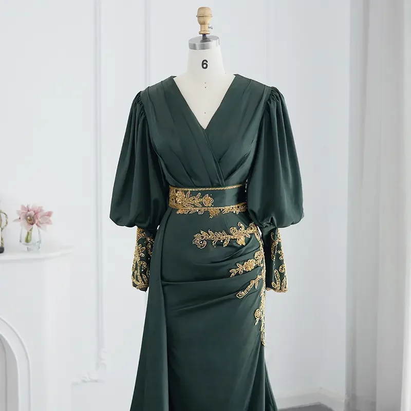 Luxury High Quality Green Moderate Long Sleeve Satin Evening Dress For ...