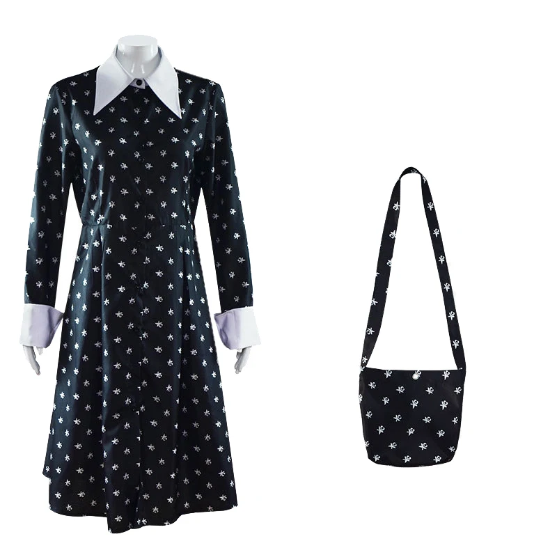 Wednesday Addams Family Cosplay Costume Addams Printing Dress Wig Hair ...