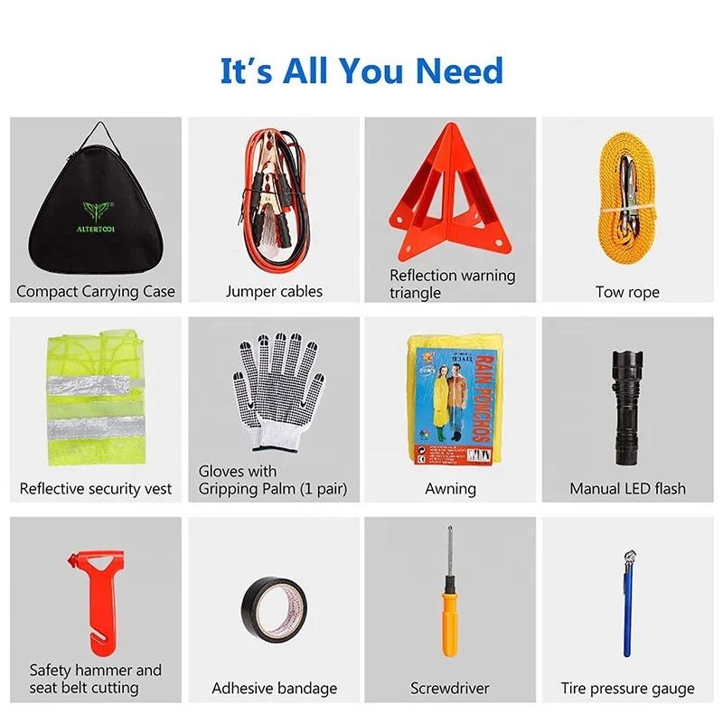 Altertool Universal 24 in 1 Multifunctional Roadside Aid Car Safety Kit Car Emergency Kit First ...
