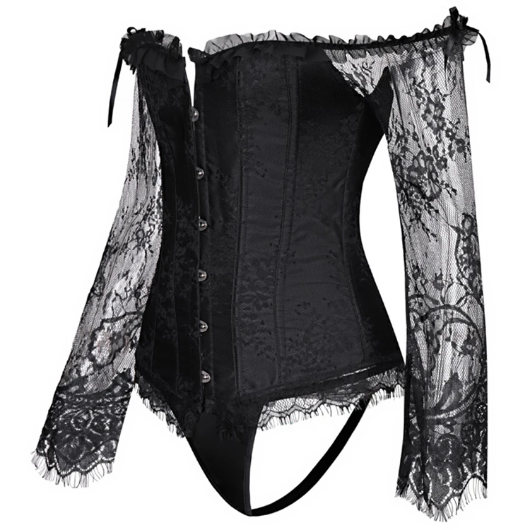 Plus Size Gothic Floral Long Sleeve Lace Overbust Corset Steampunk ...