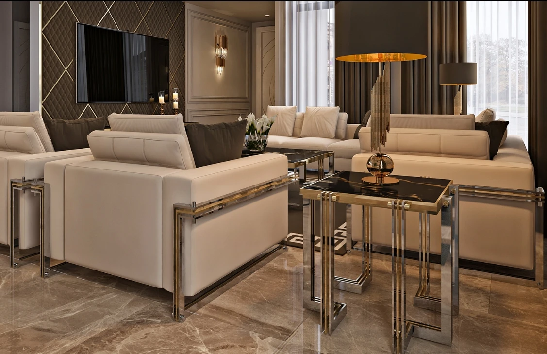 High Quality Luxury Living Room Sofa Set Gold Stainless Steel Sofa ...