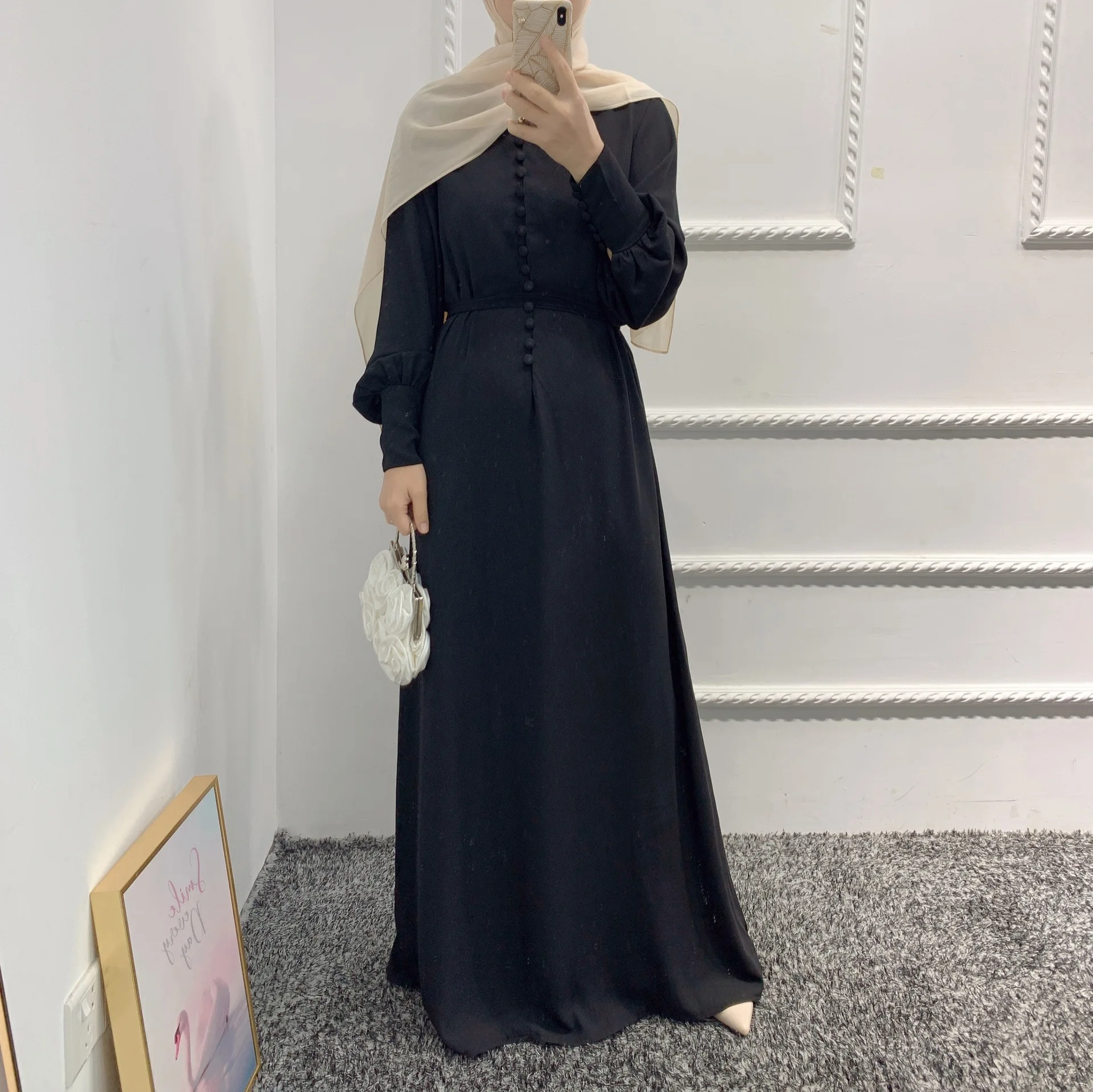 Sipo 2023 Eid Solid Color Crew Neck Dress Puff Sleeve Abaya Women ...