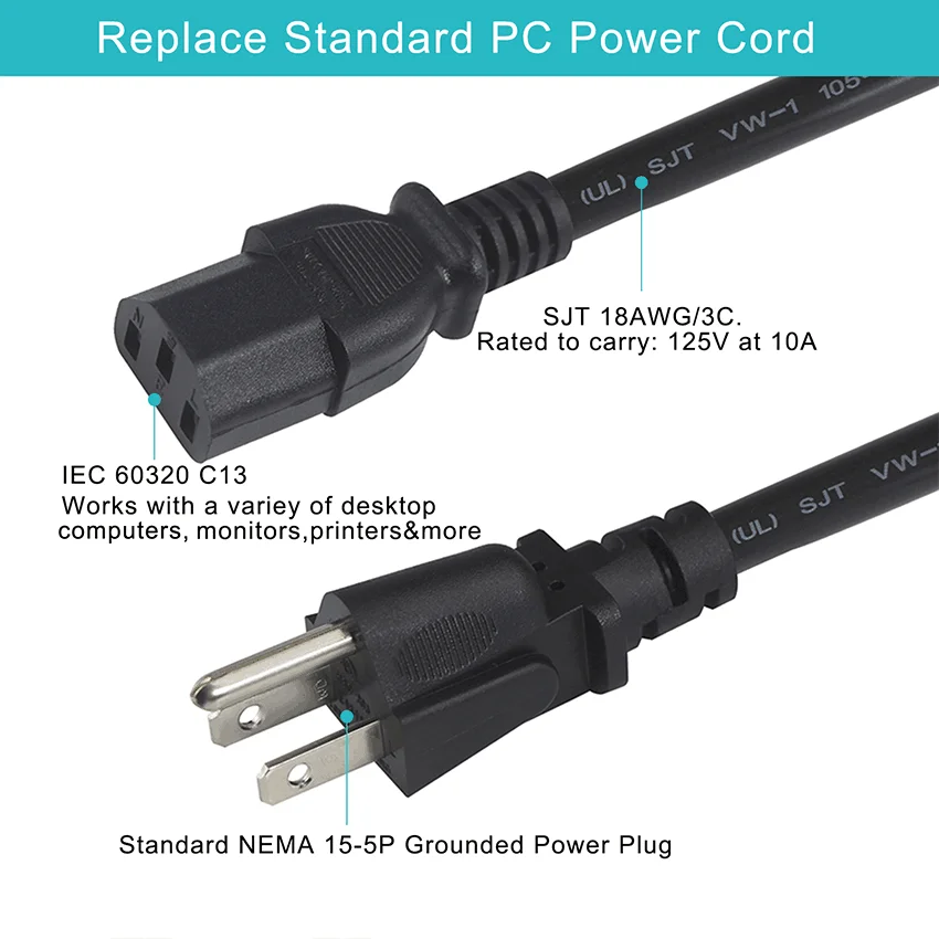Compute Us Power Cord,Us Standard 10a 13a 16awg Nema 5-15p To Iec 60320 C13 3pin Plug Power Cord ...