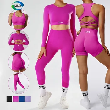 Custom Logo Seamless Activewear Gym Fitness Sets 3 Piece Long Sleeve ...
