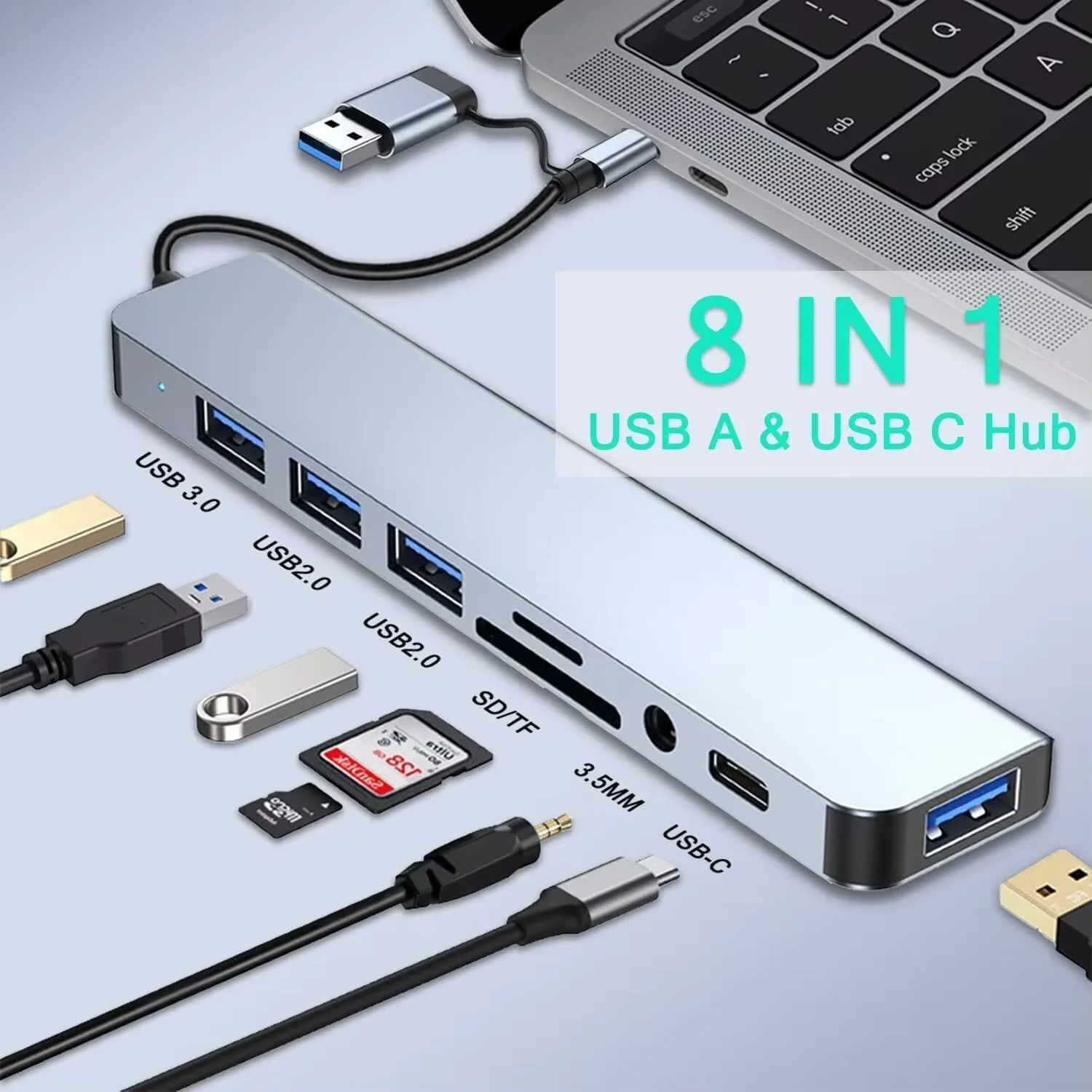 2 in 1 Dual Connector USB Hubs 8 in 1, USB 3.0 2.0 3.5mm Audio PD ...
