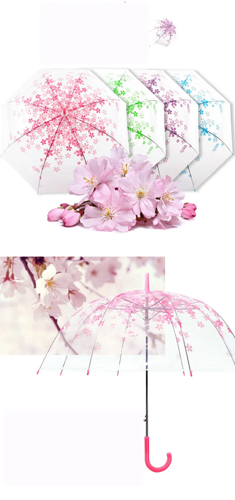 Straight Clear Sakura Umbrella Japanese Cherry Pvc Transparent Umbrella ...