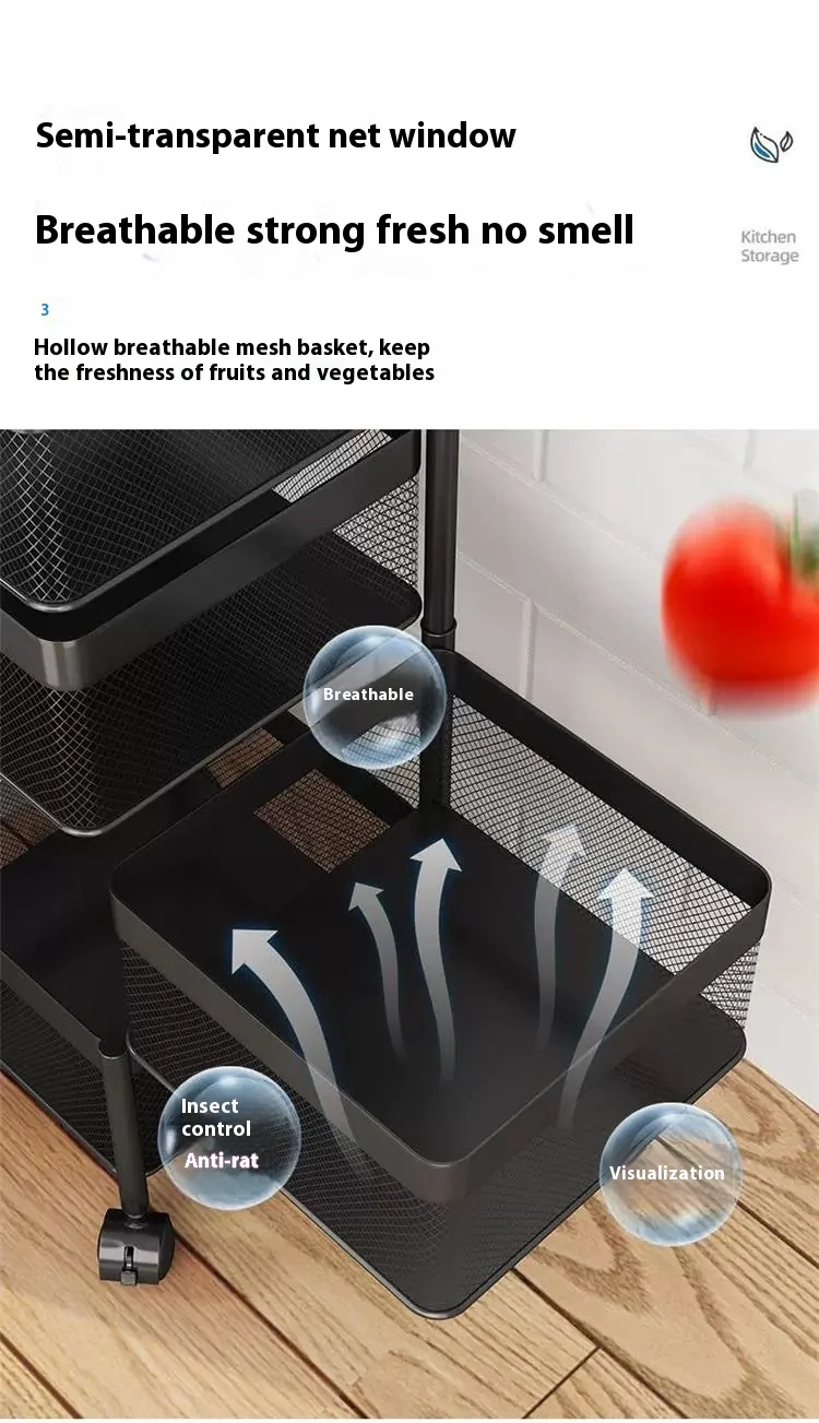 Metal Trolley Cart with Multilayer Rotating Vegetable Baskets
