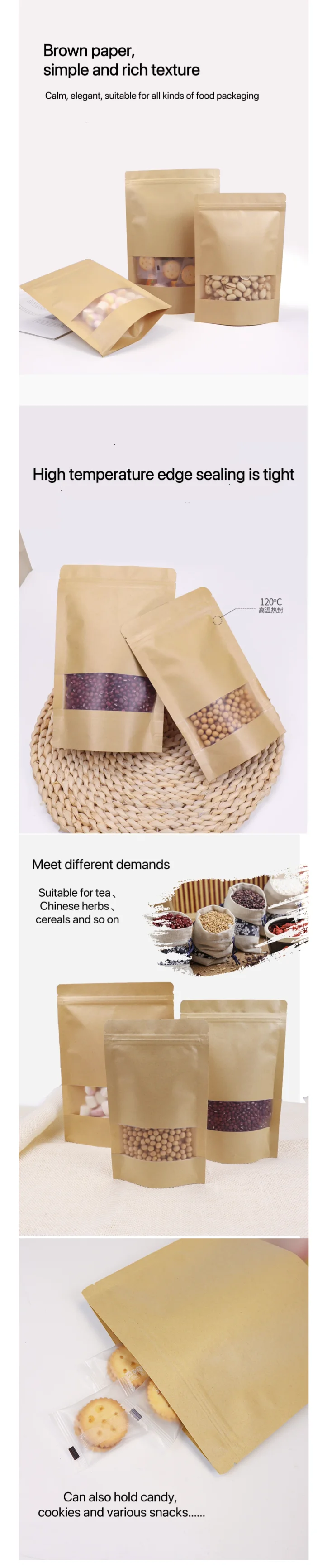 Doypack Zip Lock Brown White Kraft Paper Stand up Pouches Food Package ...