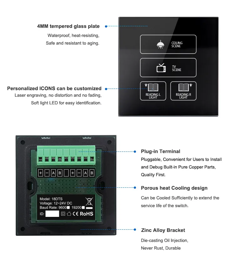 Hotel Touch Screen Smart Wall Switch - RS485 Modbus Panel