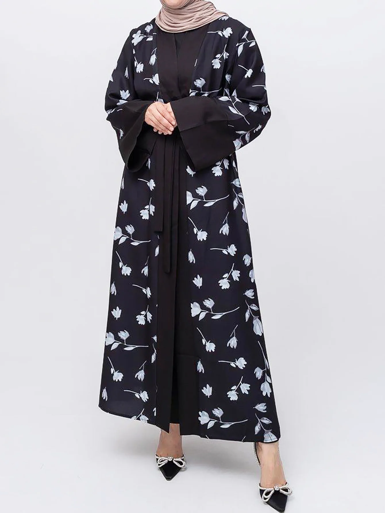 2024 New Beautiful Flower Print Black Abayas Arabic Trendy Modest ...