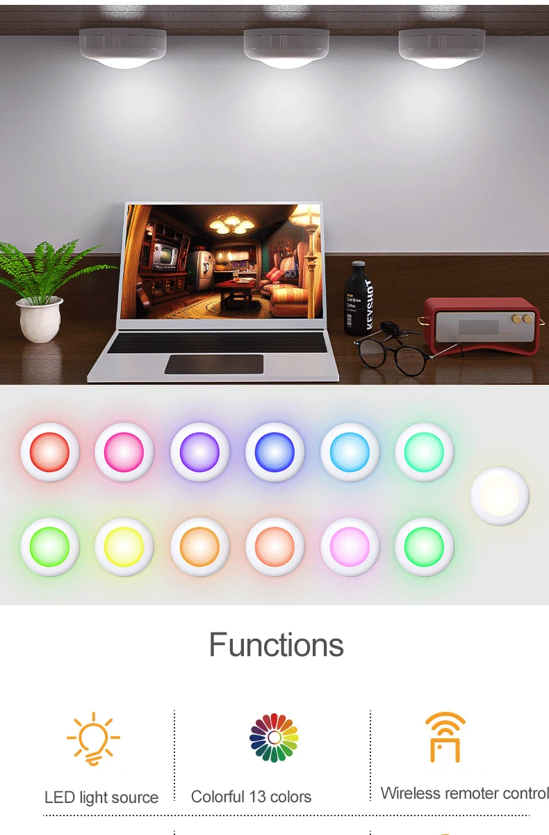 Battery Acrylic Dimmable RGB Puck Light - 6 Pack Rechargeable