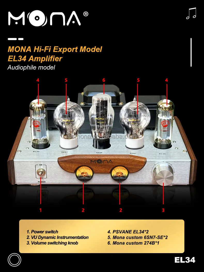 Mona Audiophile High Fidelity EL34 HIFI Tube Amplifier Single-Ended Class a Bluetooth Audio ...