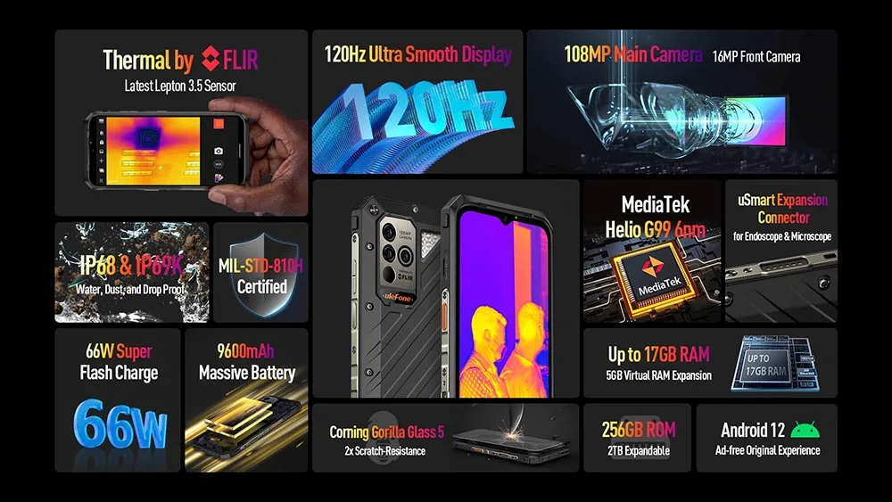 PPower Armor 19T Thermal Imaging Camera Rugged Phone 12GB RAM +256GB ROM Helio G99 66W 4G Mobile ...