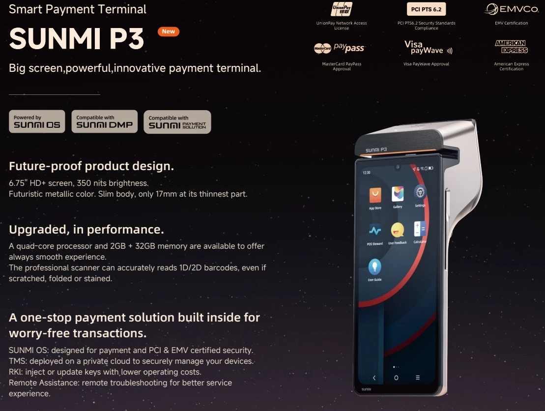 Sunmi P3 Android POS Terminal - NFC/QR/Credit Card Payment, Thermal Printer for Retail ...