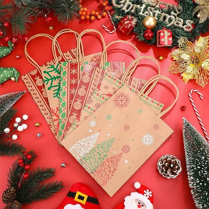 60 Pieces Christmas Gift Bags 9 Inch Kraft Paper Bags Holiday Gift Bags ...