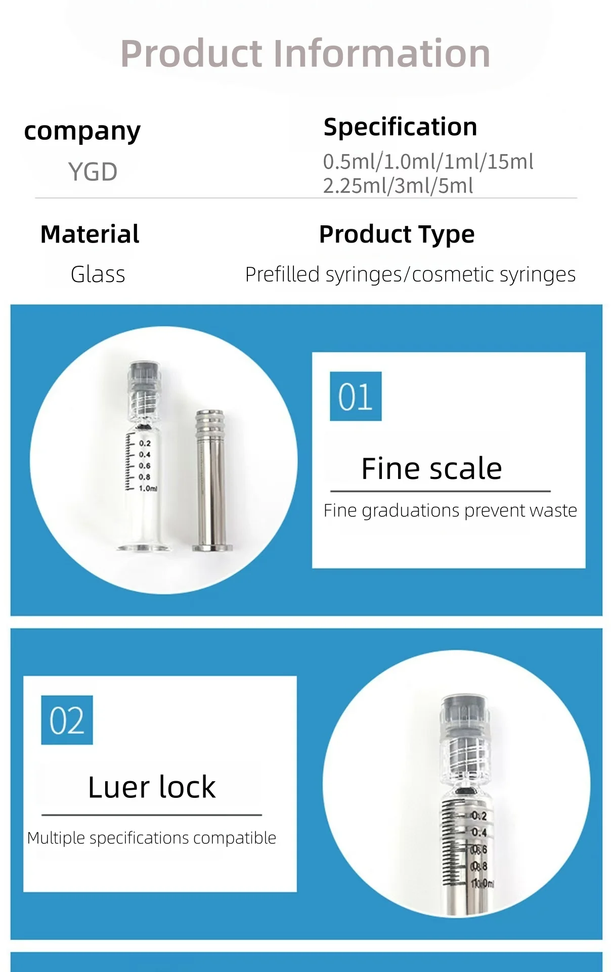 YGD 1-milliliter Disposable Borosilicate Glass Syringe Luer Lock Rubber ...