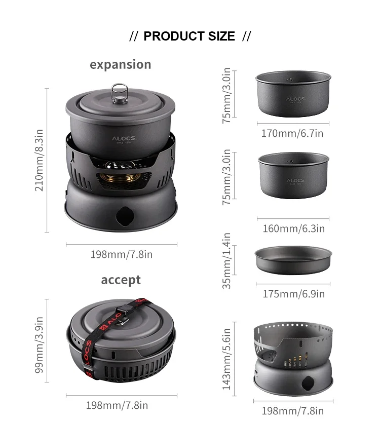 Alocs Lightweight Portable Compact Camping Gear Cooking Pot Pan Kit ...