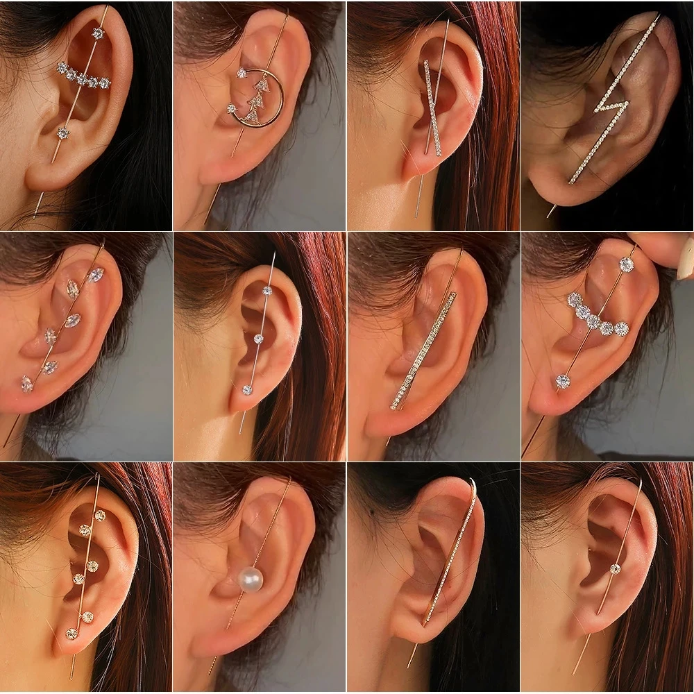 2021 New Ear Needle Wrap Crawler Hook Earrings for Women Surround Auricle Diagonal Stud Copper Inlaid Zircon Piercing Earrings