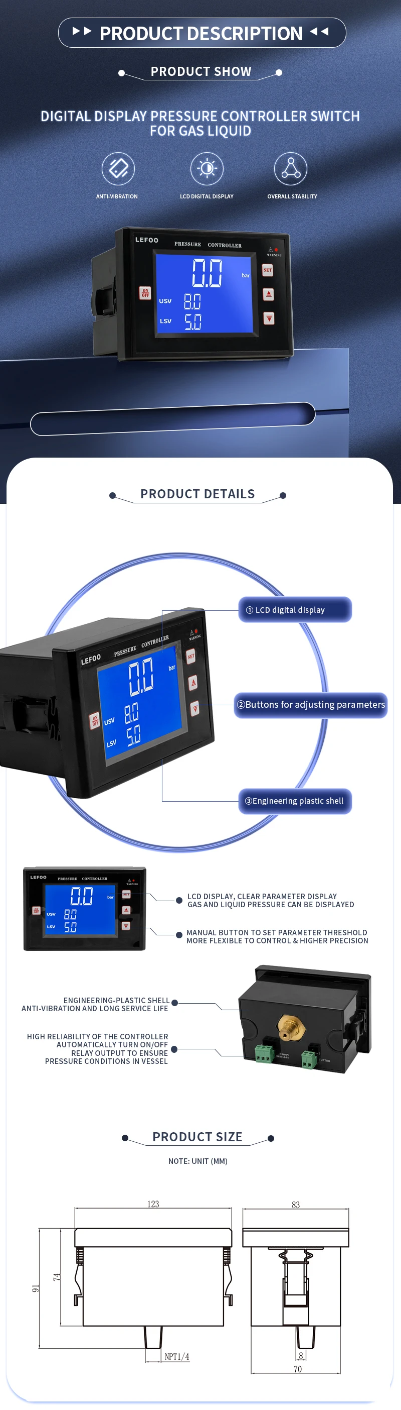 LEFOO Pressure Switch Large LCD Display Adjustable Negative Pressure ...