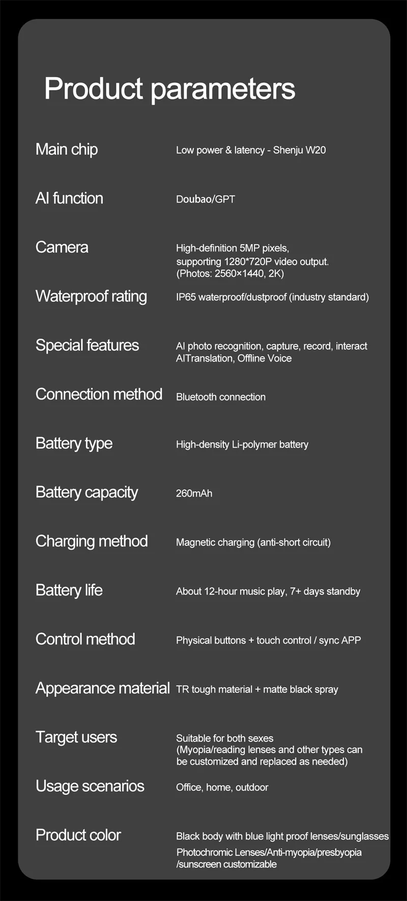 W600B AI Smart Glasses with Real-Time Translation 2K Camera Voice ...