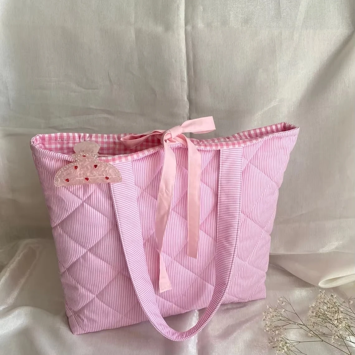 Travel Large Capacity Cotton Customized Fabric Aesthetic Pink Ribbon ...