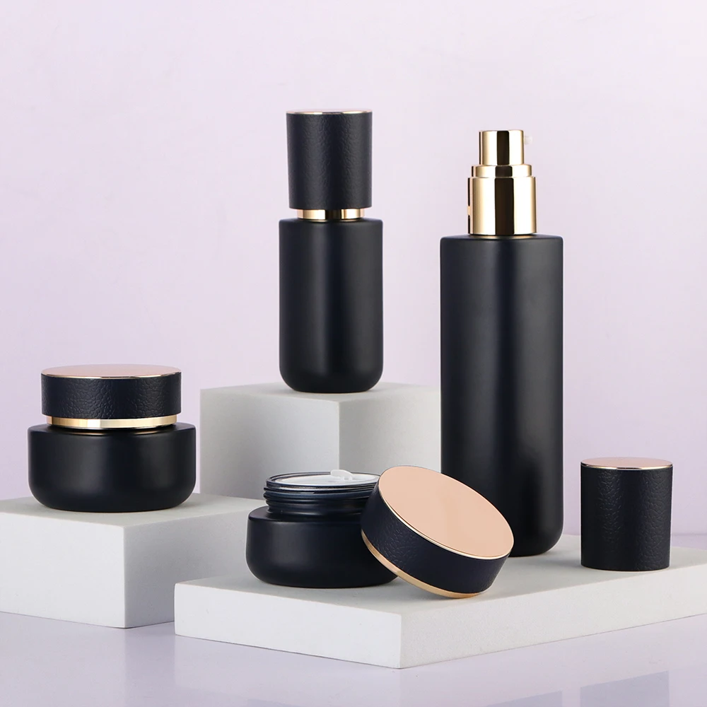 Luxury Black Empty Glass Set Packaging Skincare Lotion Cream Container Cosmetic Perfume Bottle ...