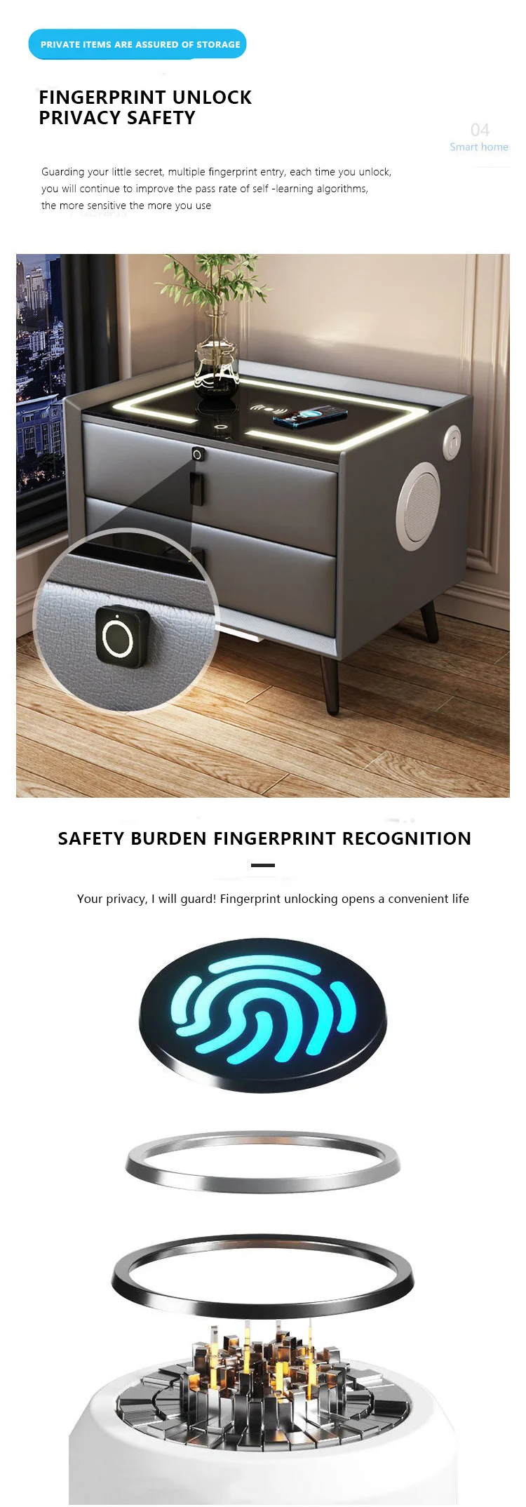 Modern Wooden Smart Bedside Table with Wireless Charging & LED Light ...