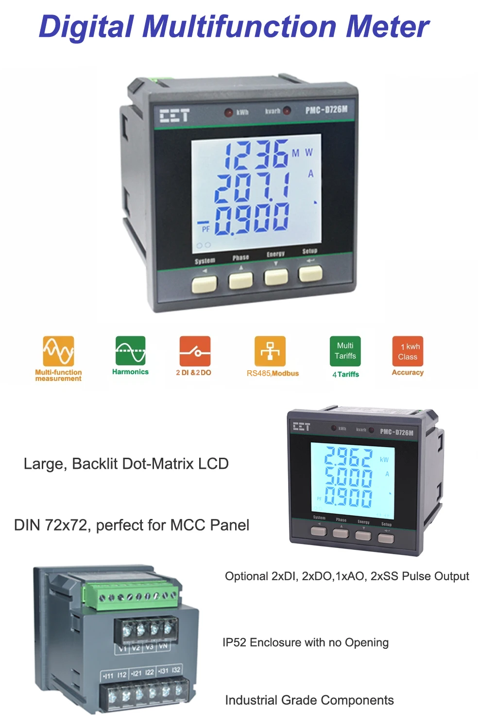 Cet Pmc-d726m Three Phase Backlight Lcd Digit Multifunction Panel Power Meter - Buy Three Phase ...