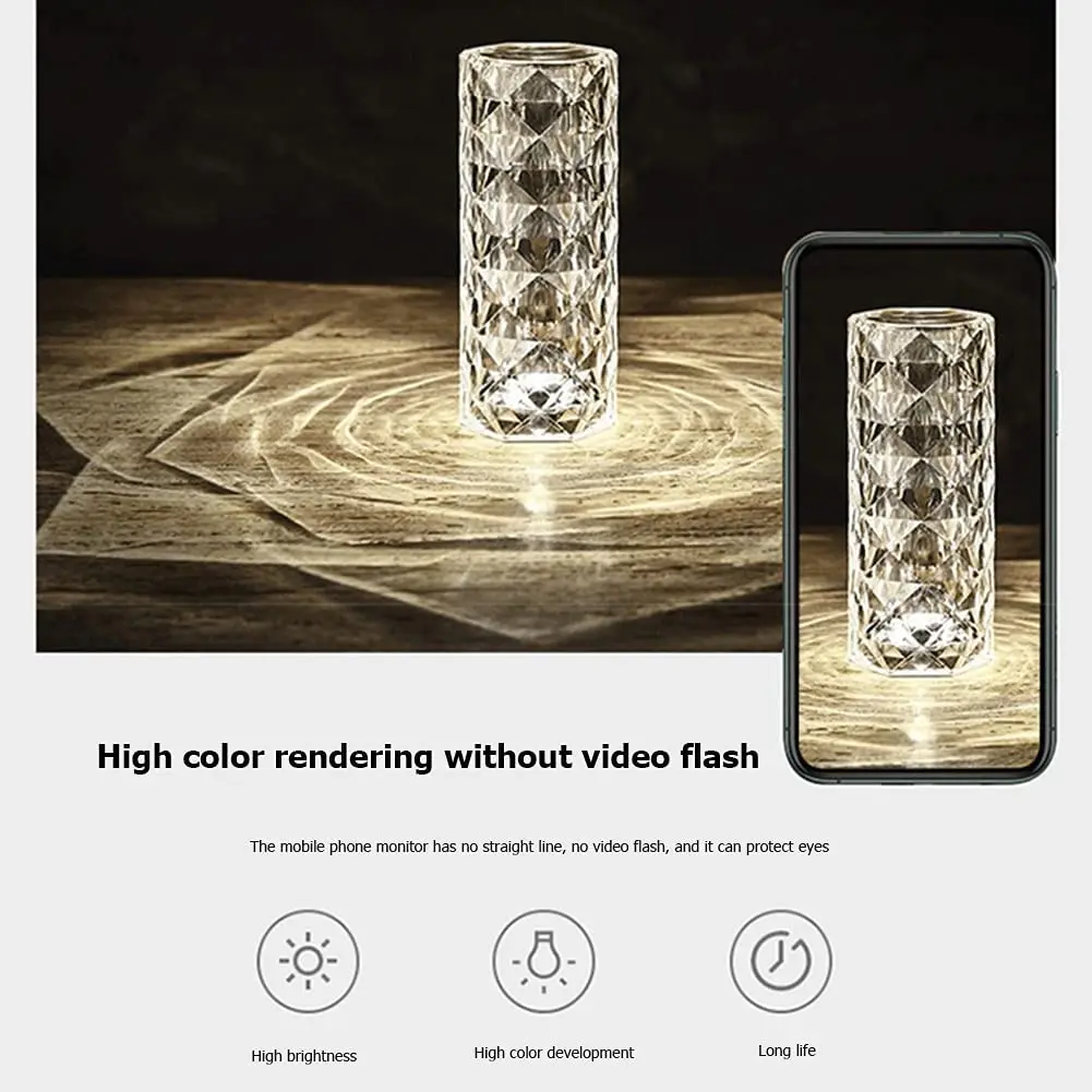 Rechargeable Rose Crystal Diamond Table Lamps Touch Control Bedside ...