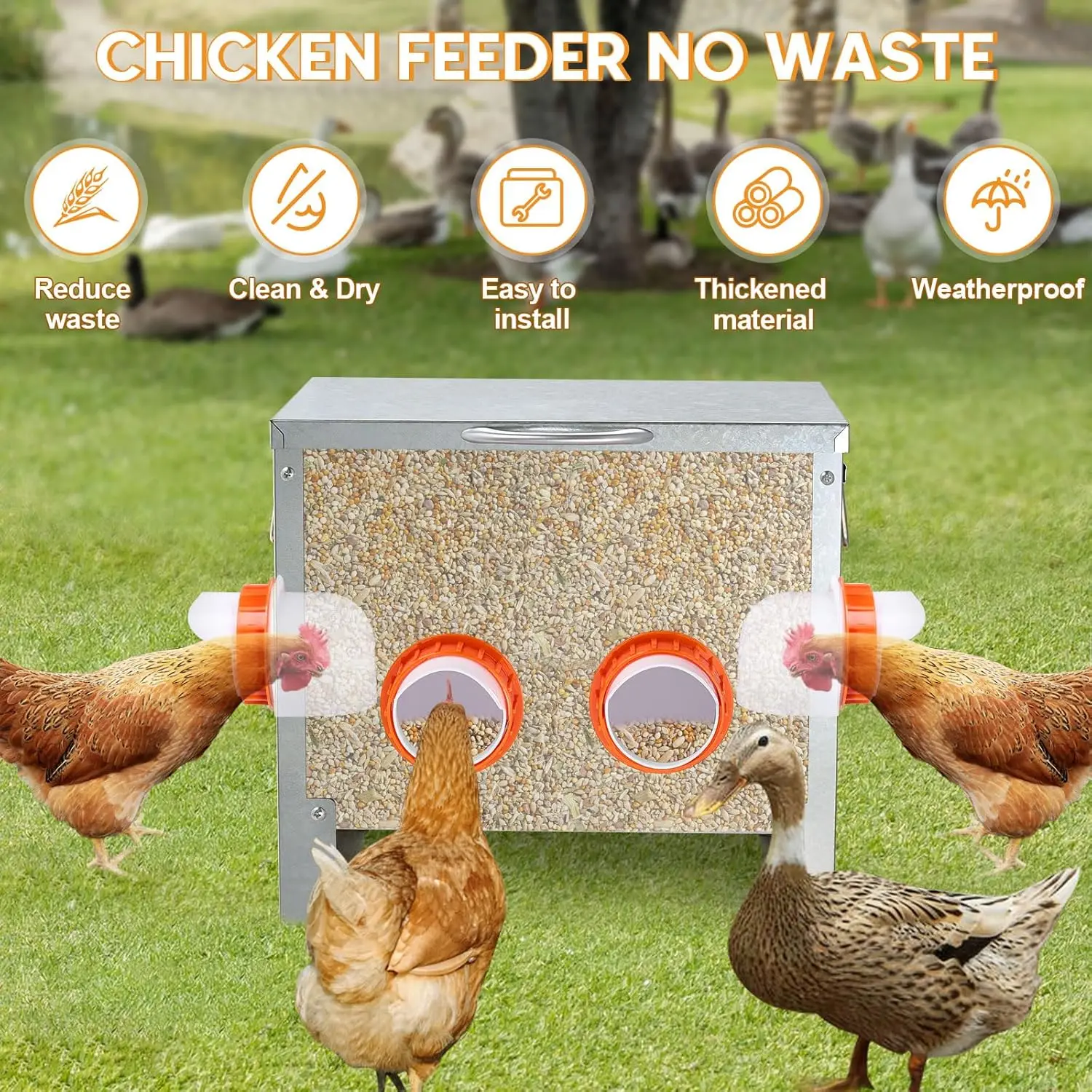JH-Mech Chicken Feeder Metal Large Capacity 25lbs 4 Ports Metal Pull ...