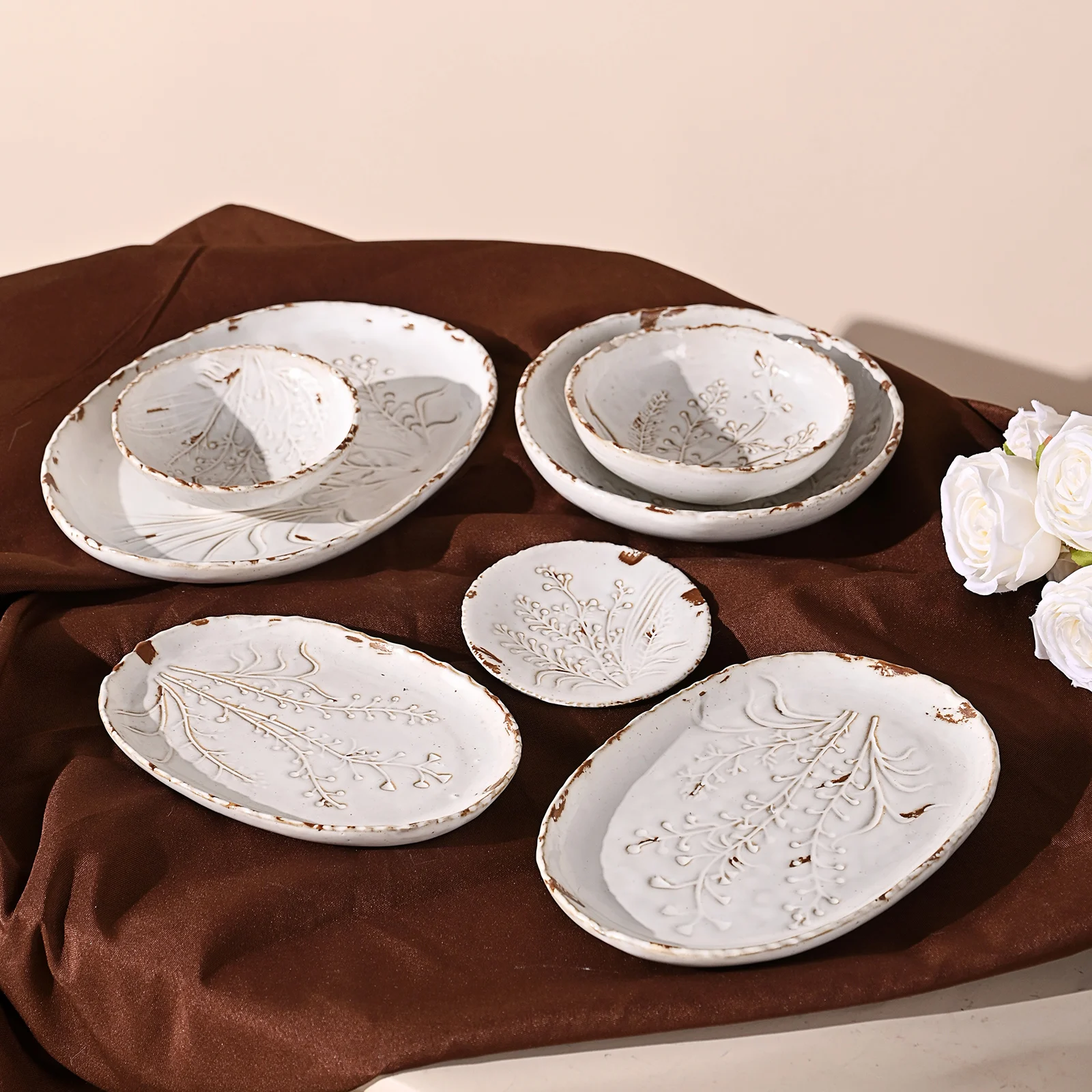 3 Sizes Different Round Bowls Set Debossed Plants Flower Pattern Carve ...