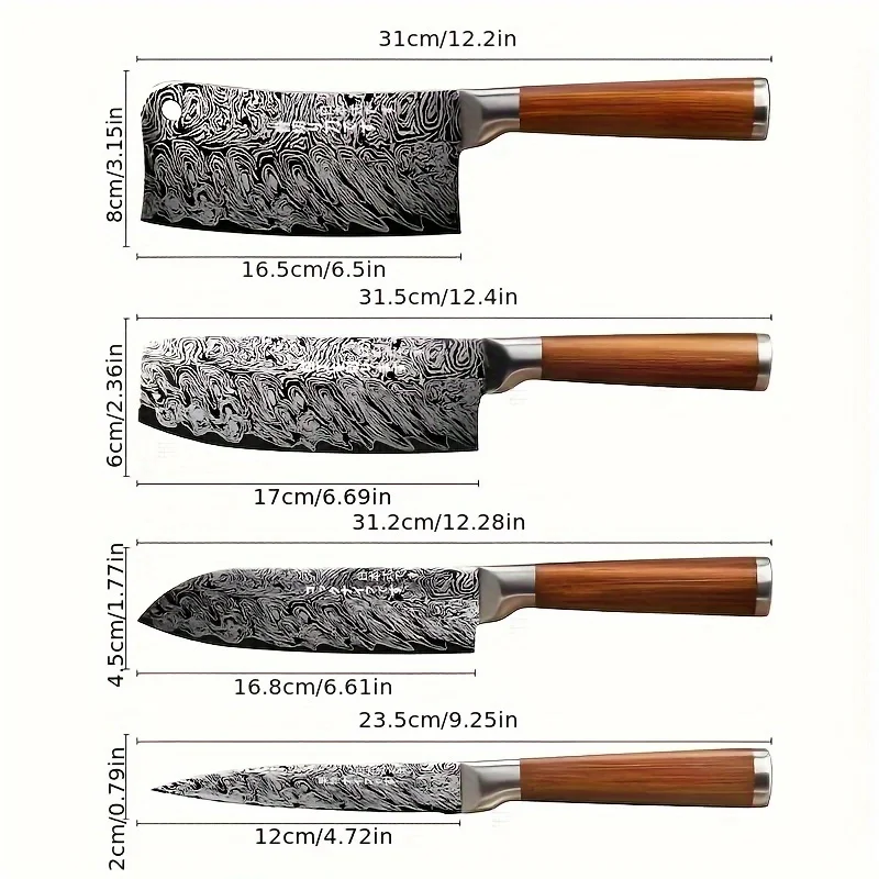 Damascus Pattern Kitchen Knives Set - Japanese Style