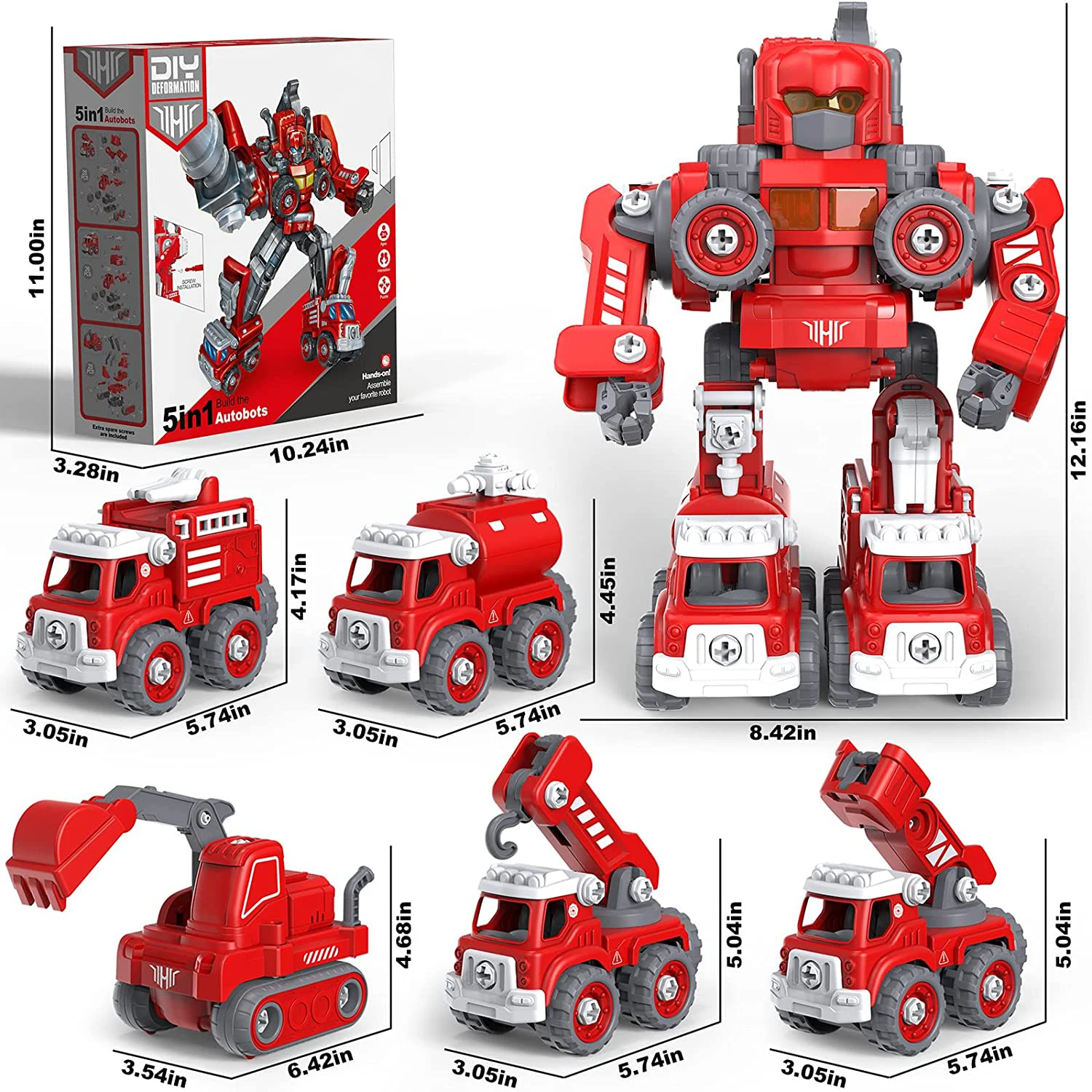 Take Apart Robot Stem Toy Children 5 Vehicles In 1 Fire Truck Transform ...