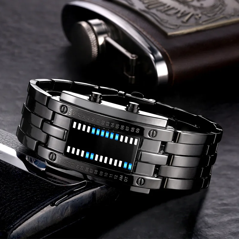 Men Women Future Technology Binary Black Stainless Steel Couple Watch ...