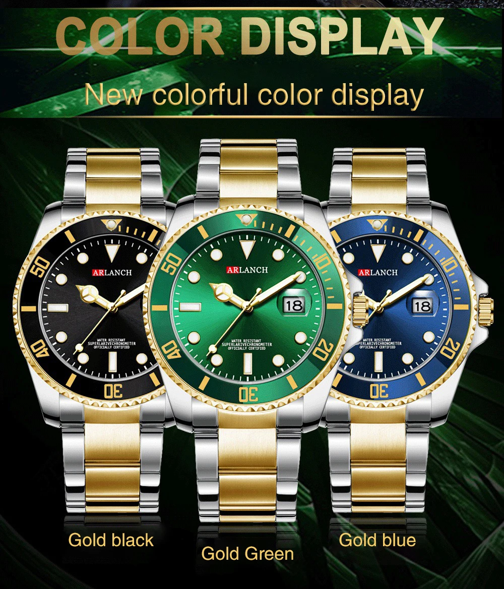 Arlanch 305 Fashion Mens Watches Gold Green Steel Quartz Wrist Watch ...